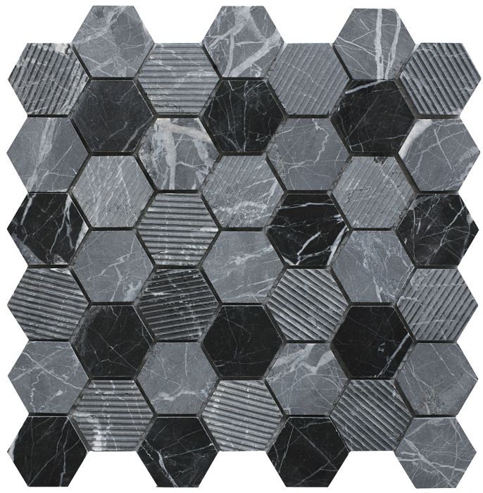 Midnight Stone Hexagon Mixed Finish Marble Mosaic 48x48mm ...